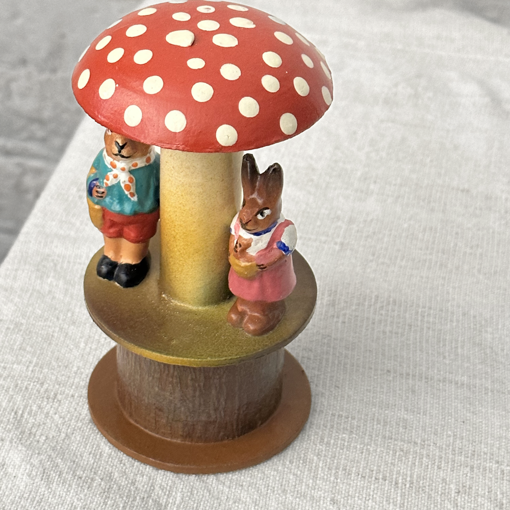 Ino Schaller Papier-Maché Mushroom Candy Box with Festive Rabbits
